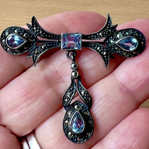 Jewelry | Vintage Large Blue Topaz And Marcasite Pin Brooch 925 ...